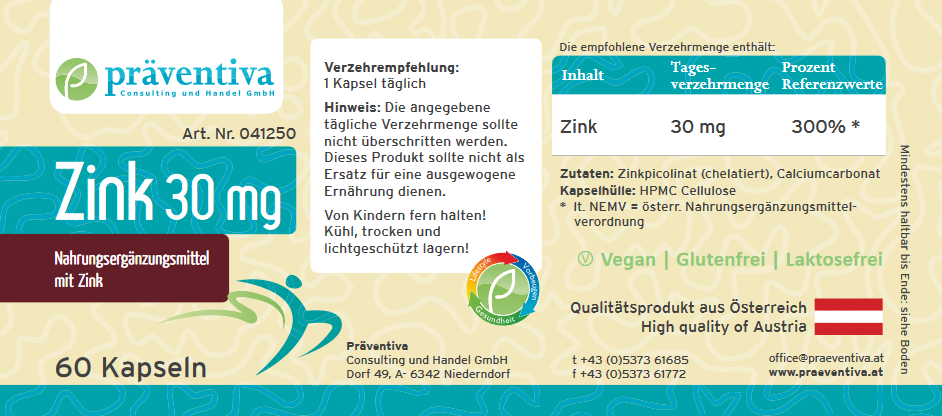 Zink 30mg chelatiert (60) - Präventiva Consulting und Handel GmbH ...